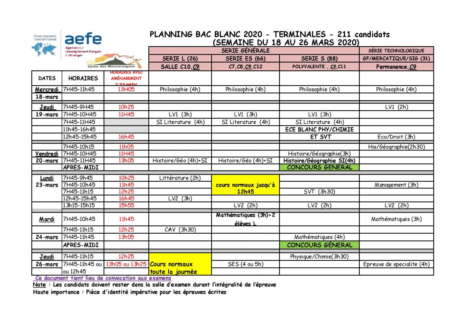 Planning des épreuves pour le Bac blanc des Terminales – Lycée des ...